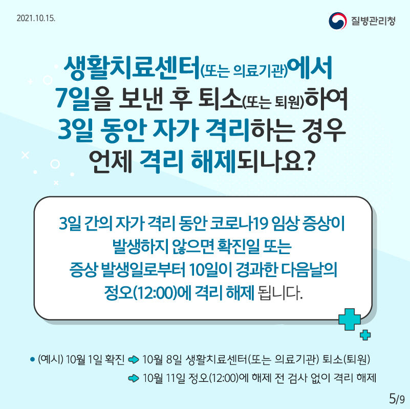 코로나19 확진 후 격리해제 궁금증 해결해드립니다 「생활치료센터 7일자가 격리 3일」의 격리해제 카드뉴스 홍보자료